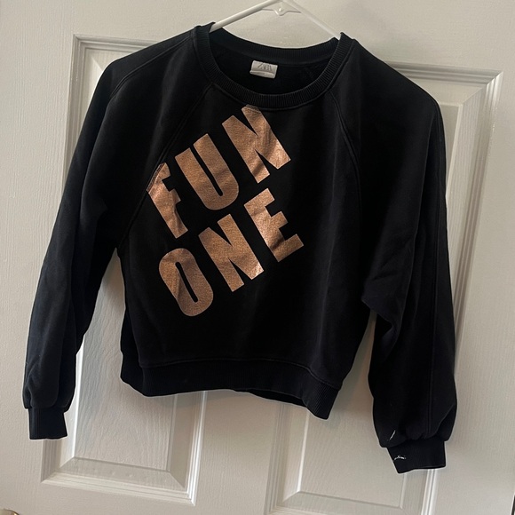 Zara | Shirts & Tops | Zara Fun One Black Sweatshirt With Gold ...